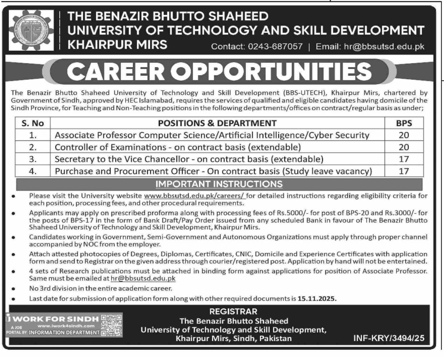 BBSUTSD jobs 2025 Khairpur Mirs – University of Technology & Skill Development Sindh.