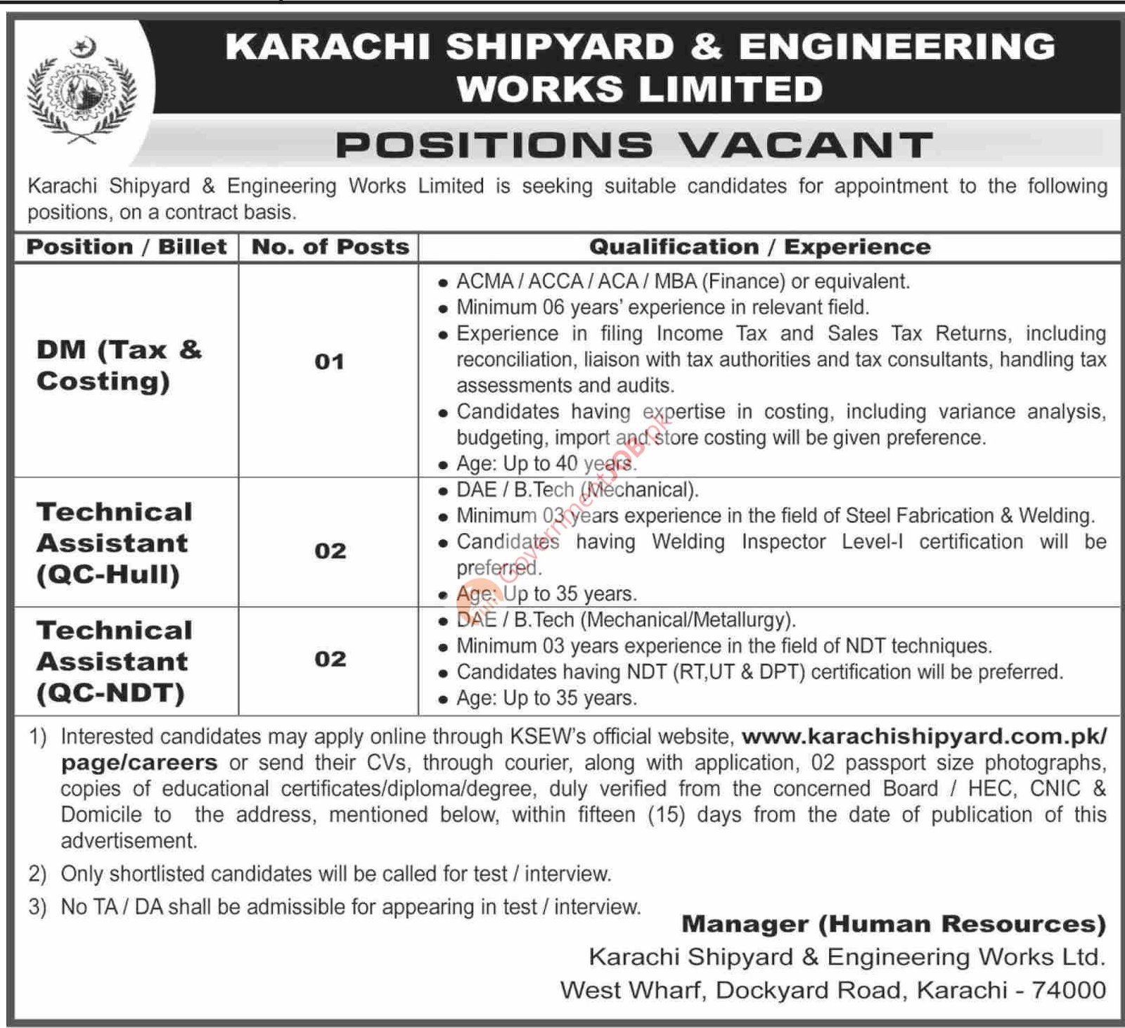 Karachi Shipyard & Engineering Works (KSEW) Jobs 2026 — DM (Tax ...