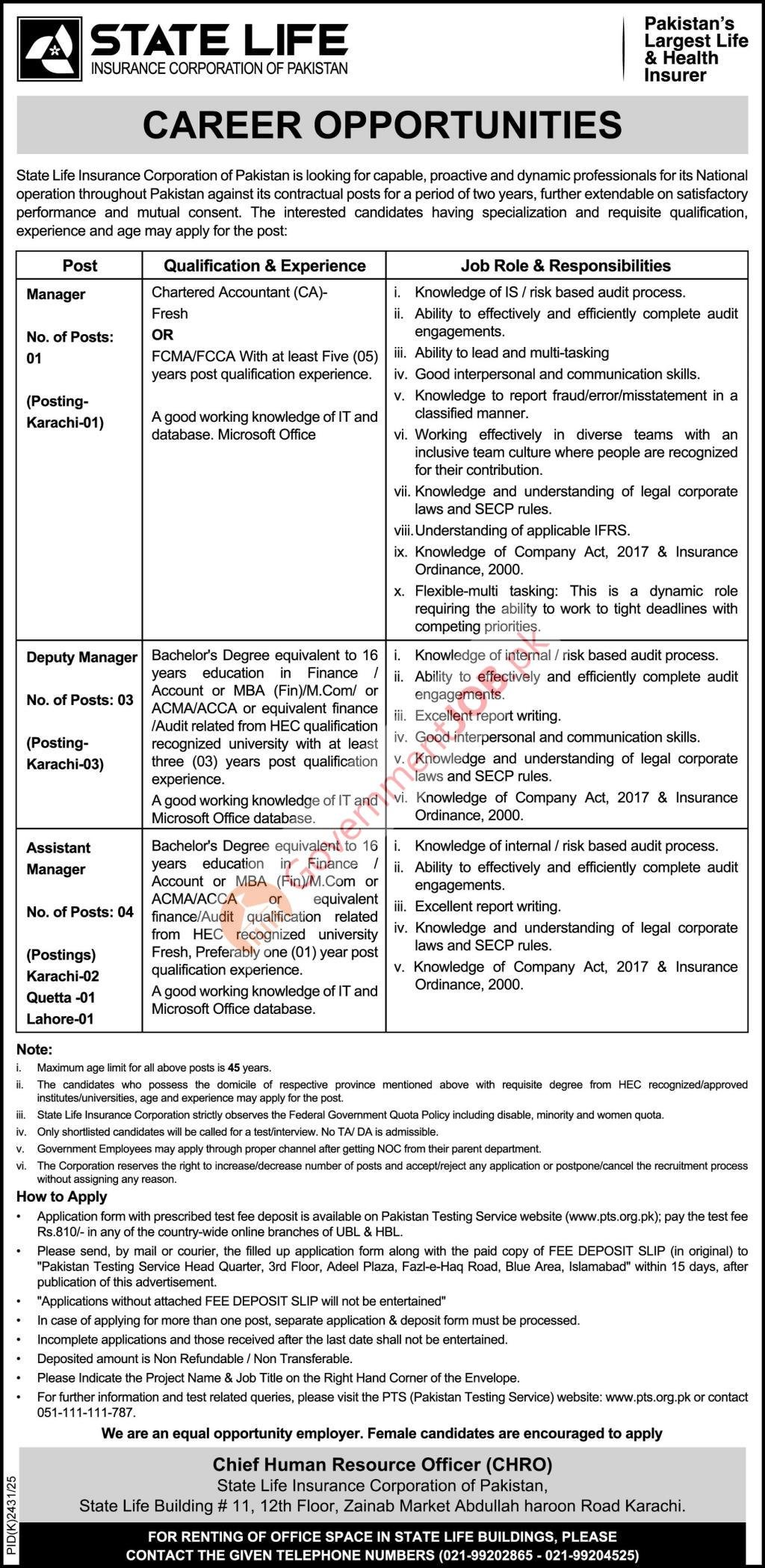 State Life Insurance Corporation Jobs 2026 (Karachi, Lahore & Quetta ...
